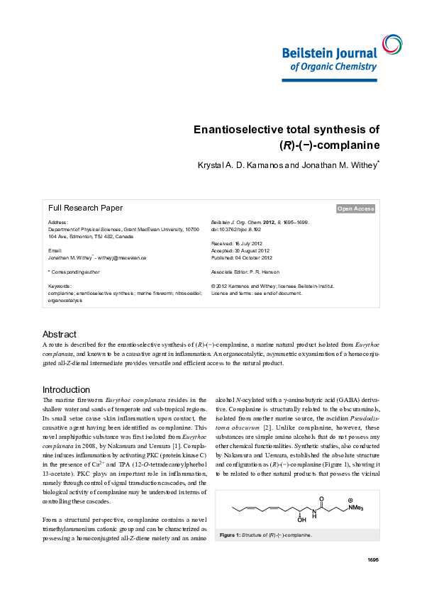 (PDF) Enantioselective total synthesis of (R)-(−)-complanine