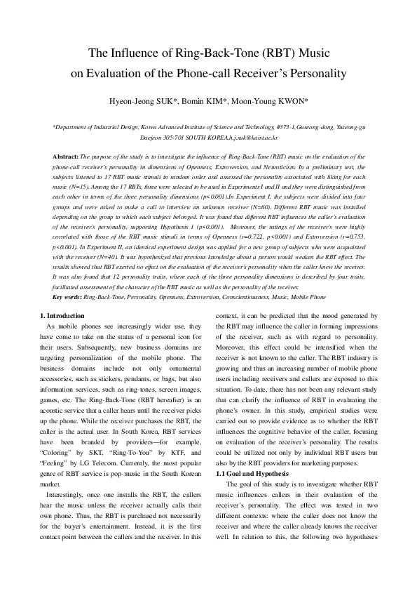 (PDF) The Influence of Ring-Back-Tone (RBT) Music on Evaluation of the ...