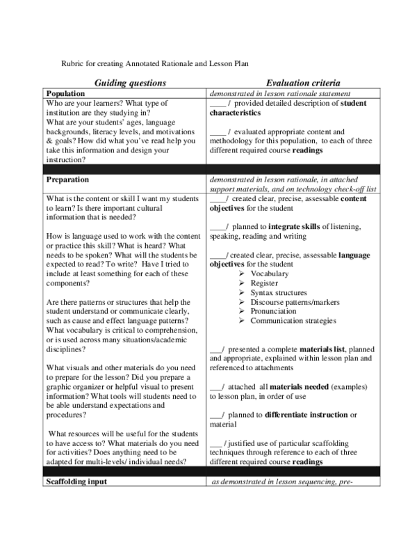 (PDF) Rubric for creating Annotated Rationale and Lesson Plan Guiding ...