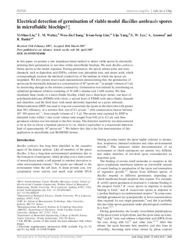 Pdf Electrical Detection Of Germination Of Viable Model Bacillus Anthracis Spores In