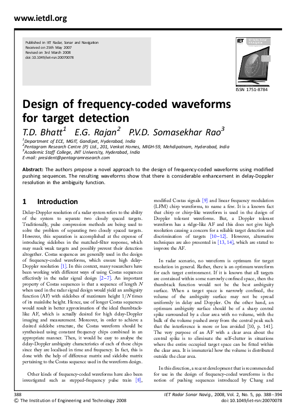 Pdf Design Of Frequency Coded Waveforms For Target Detection 