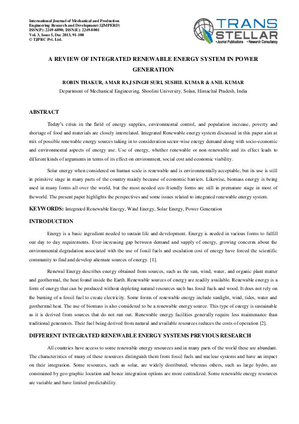 (PDF) A Review of Integrated Renewable Energy System in Power Generation