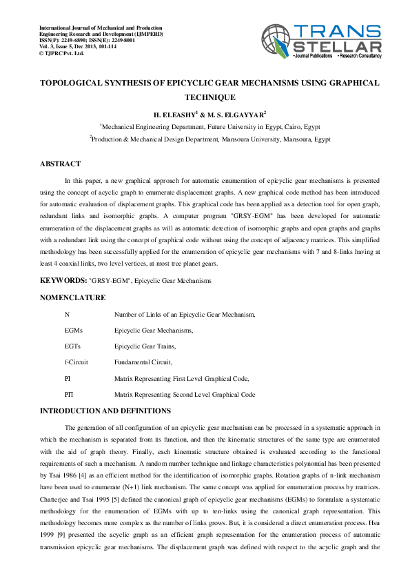 (PDF) Topological Synthesis of Epicyclic Gear Mechanisms Using ...