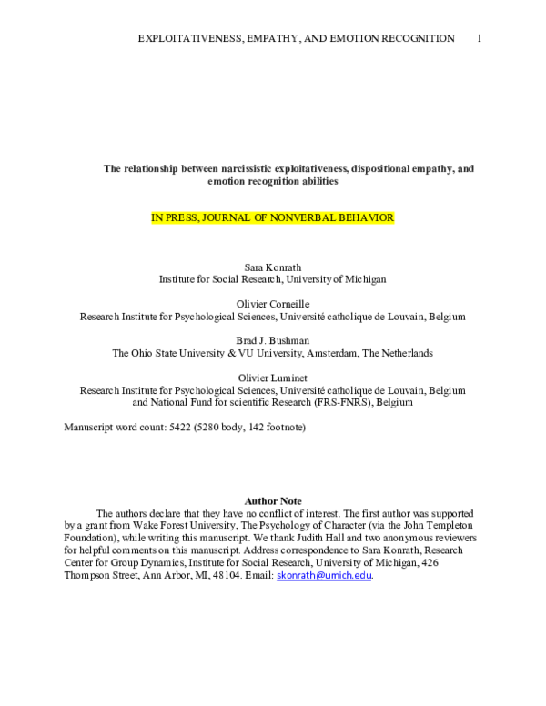 (PDF) Exploitativeness Empathy And Emotion Recognition