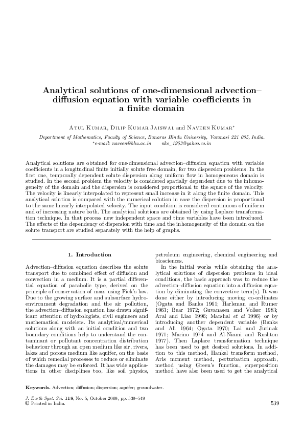 (PDF) Analytical solutions of one-dimensional advection-diffusion equation with variable ...
