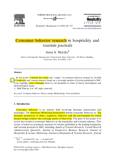 (PDF) Consumer behavior research in hospitality and tourism journals