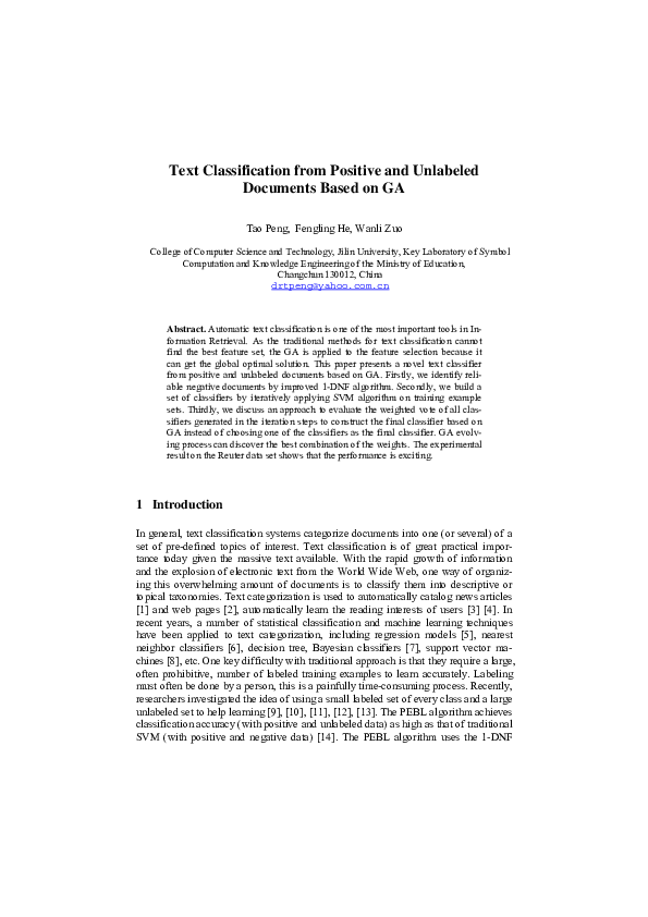 Pdf Text Classification From Positive And Unlabeled Documents Based On Ga