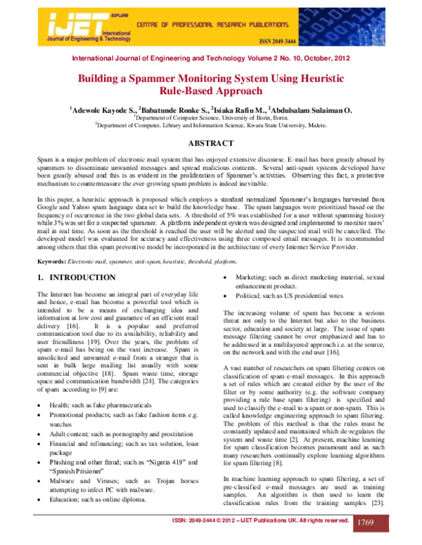 Pdf Building A Spammer Monitoring System Using Heuristic Rule Based Approach