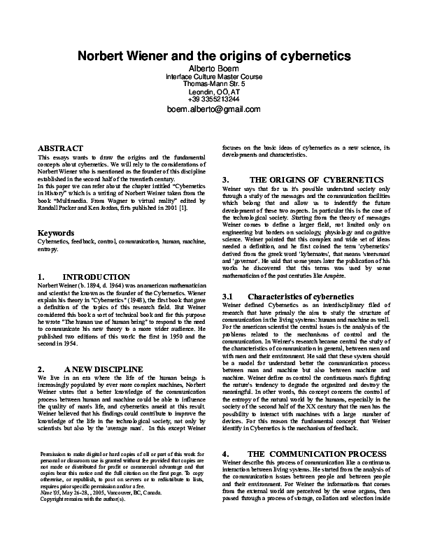 (PDF) Norbert Wiener and the origins of cybernetics