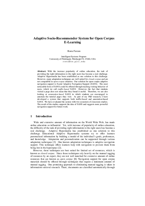 (PDF) Adaptive Socio-Recommender System for Open Corpus E-Learning