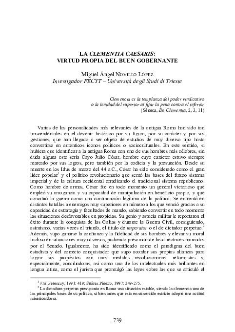 (PDF) La 'clementia caesaris': virtud propia del buen gobernante