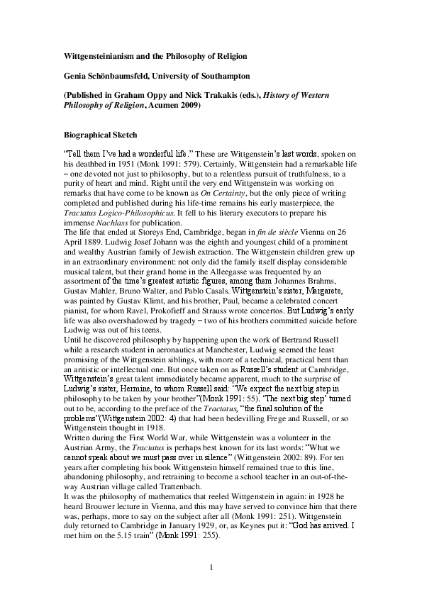 (PDF) 'Ludwig Wittgenstein and the Philosophy of Religion'