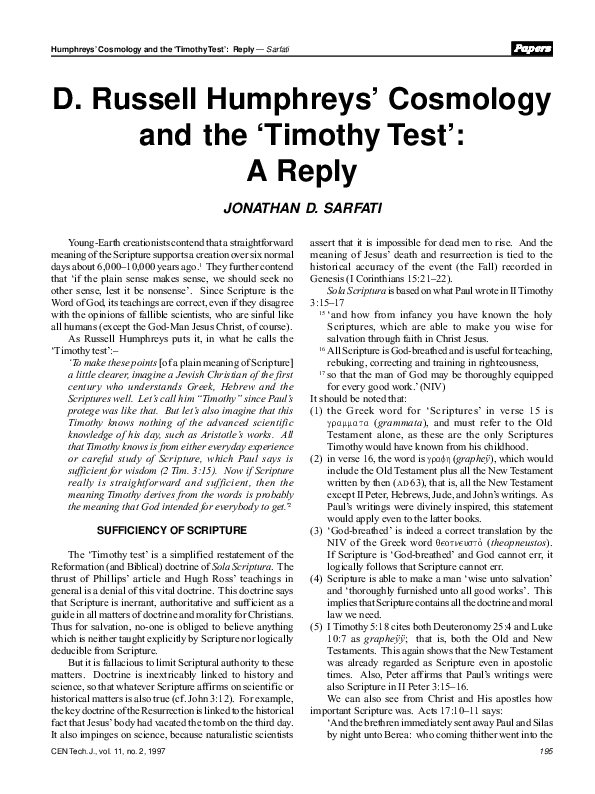 (PDF) D. Russell Humphreys' Cosmology and the 'Timothy Test': A Reply
