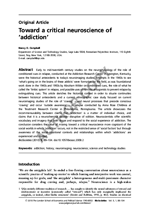 (PDF) Toward a critical neuroscience of 'addiction'