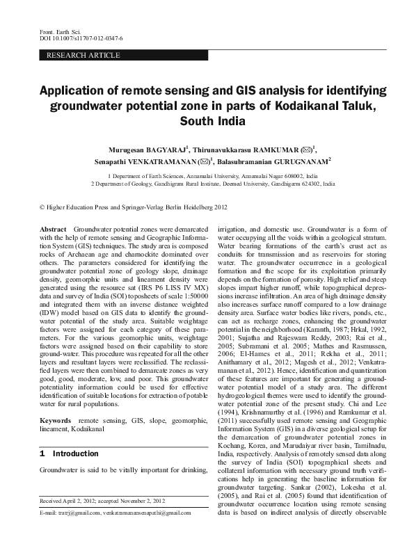 Pdf Application Of Remote Sensing And Gis Analysis For Identifying Groundwater Potential Zone