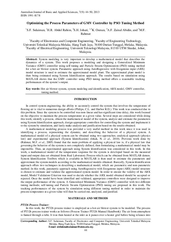 Pdf Optimizing The Process Parameters Of Gmv Controller By Pso Tuning Method