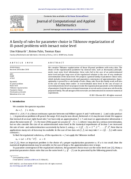 (PDF) A family of rules for parameter choice in Tikhonov regularization of ill-posed problems ...