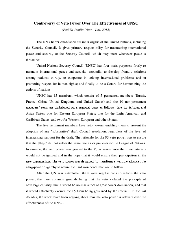 (DOC) Controversy of Veto Power Over The Effectiveness of UNSC