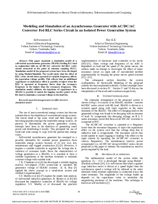 Pdf Modeling And Simulation Of An Asynchronous Generator With Acdcac Converter Fed Rlc