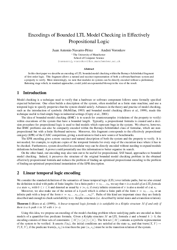 (PDF) Encodings of Bounded LTL Model Checking in Effectively Propositional Logic