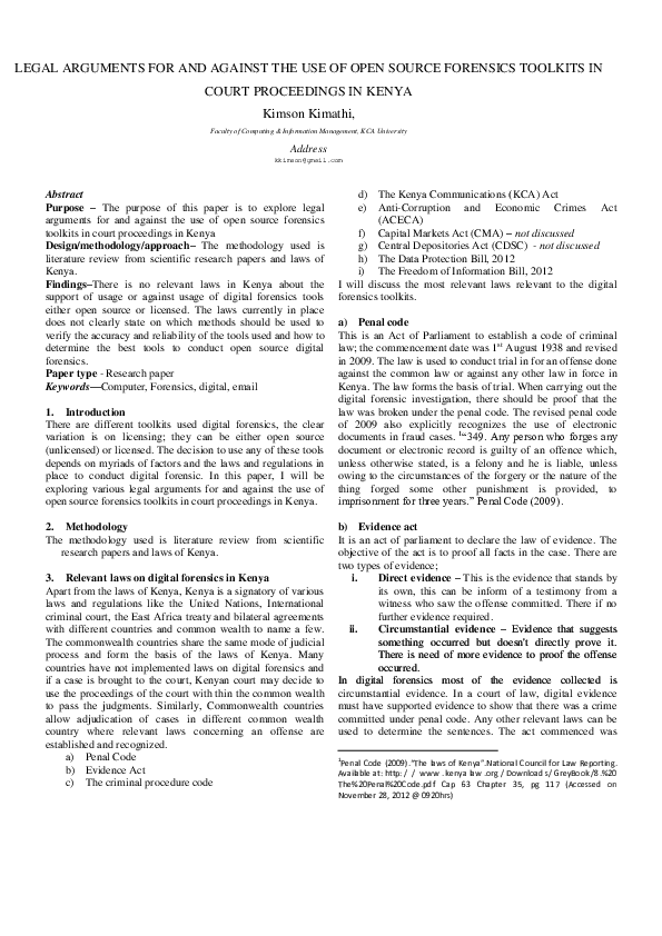 (PDF) LEGAL ARGUMENTS FOR AND AGAINST THE USE OF OPEN SOURCE FORENSICS ...
