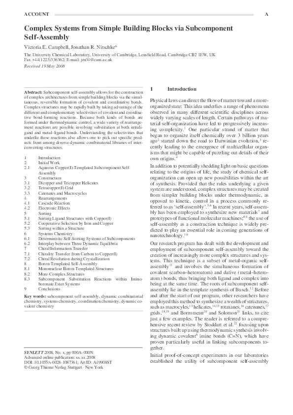 Pdf Complex Systems From Simple Building Blocks Via Subcomponent Self Assembly