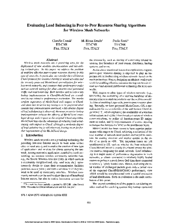 (PDF) Evaluating Load Balancing in Peer-to-Peer Resource Sharing Algorithms for Wireless Mesh ...