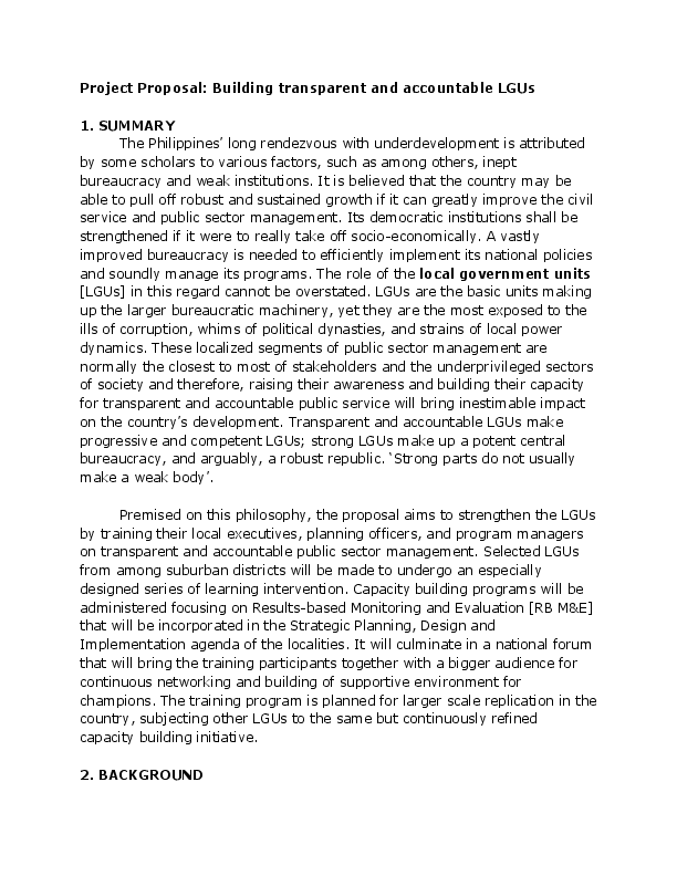 (DOC) Project Proposal: Building transparent and accountable LGUs