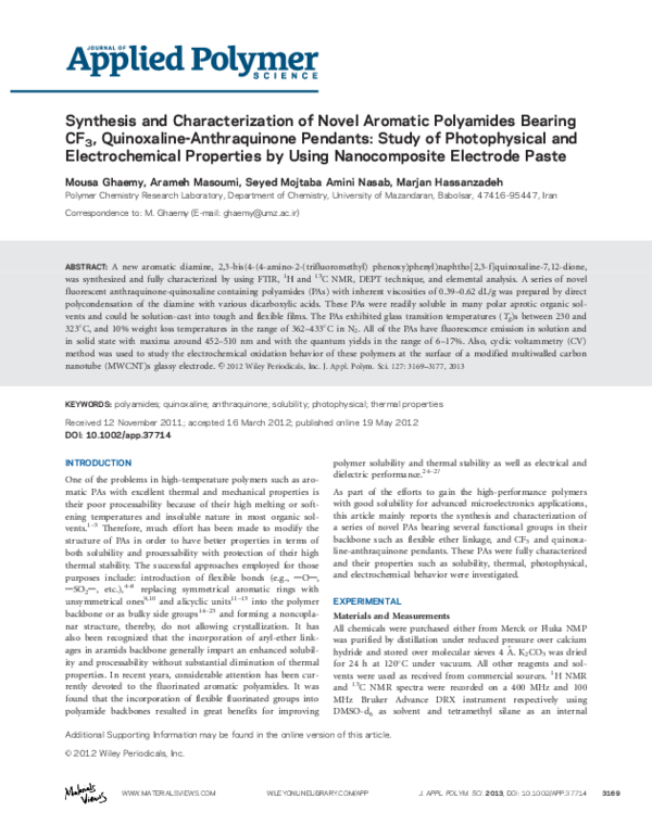 (PDF) Synthesis and Characterization of Novel Aromatic Polyamides Bearing CF3 , Quinoxaline ...