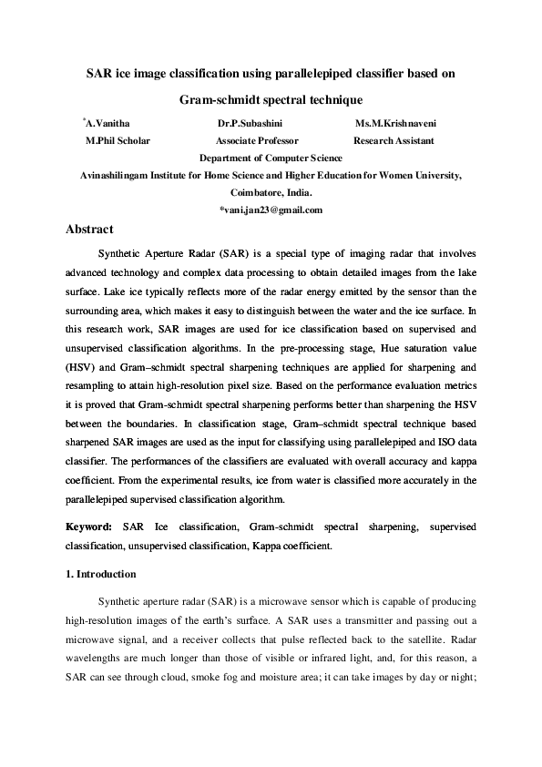 Pdf Sar Ice Image Classification Using Parallelepiped Classifier Based On Gram Schmidt