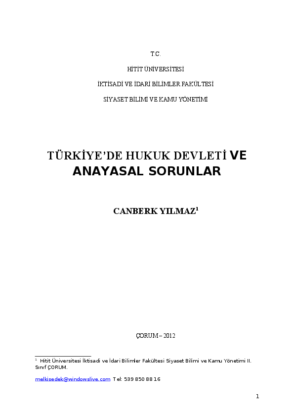(DOC) TÜRKİYE'DE HUKUK DEVLETİ VE ANAYASAL SORUNLAR