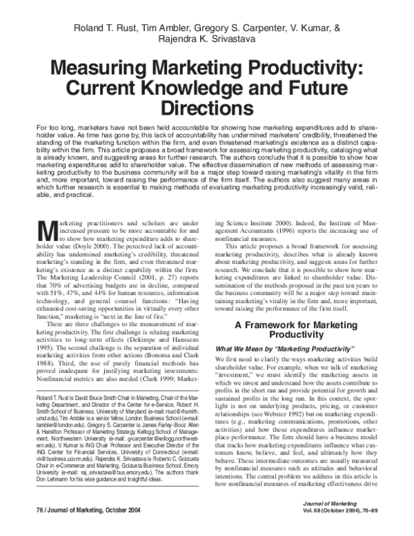 (PDF) Measuring marketing productivity: current knowledge and future directions
