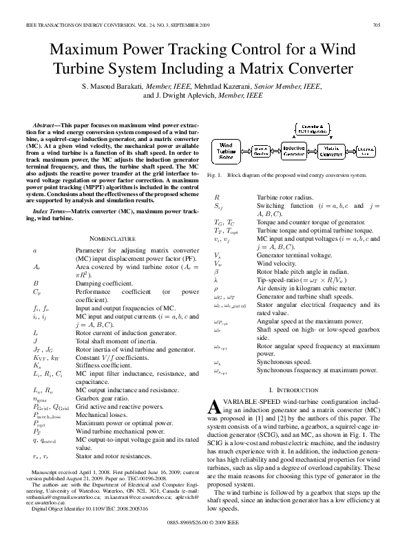 (PDF) Maximum Power Tracking Control for a Wind Turbine System Including a Matrix Converter