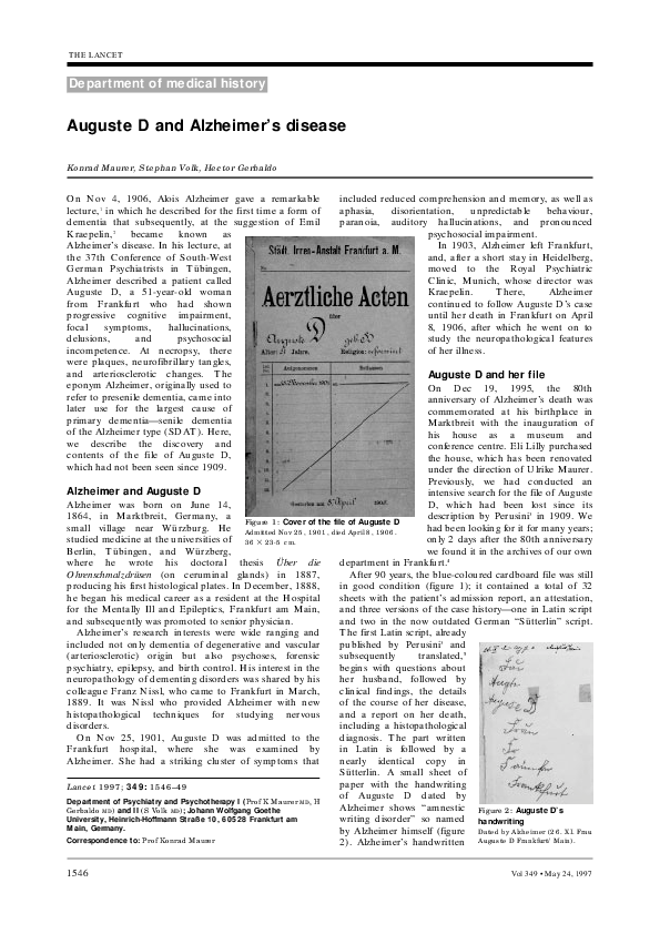 (PDF) Auguste D and Alzheimer's disease