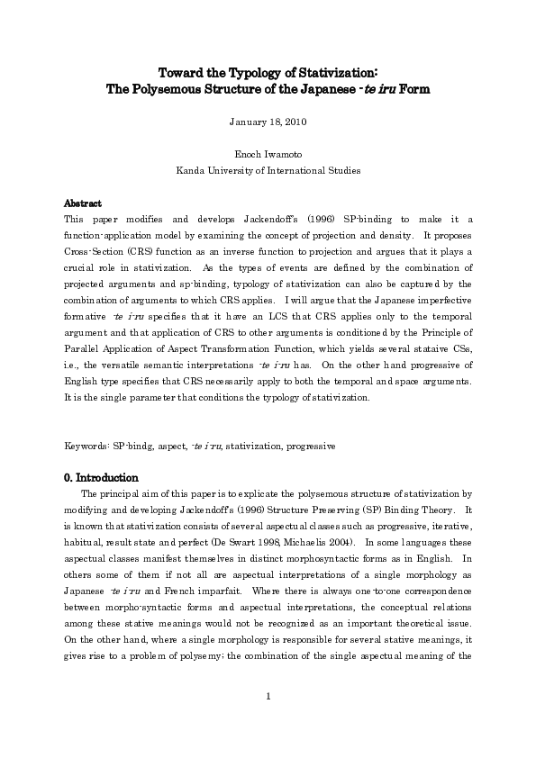 (PDF) Toward the Typology of Stativization: The Polysemous Structure of ...