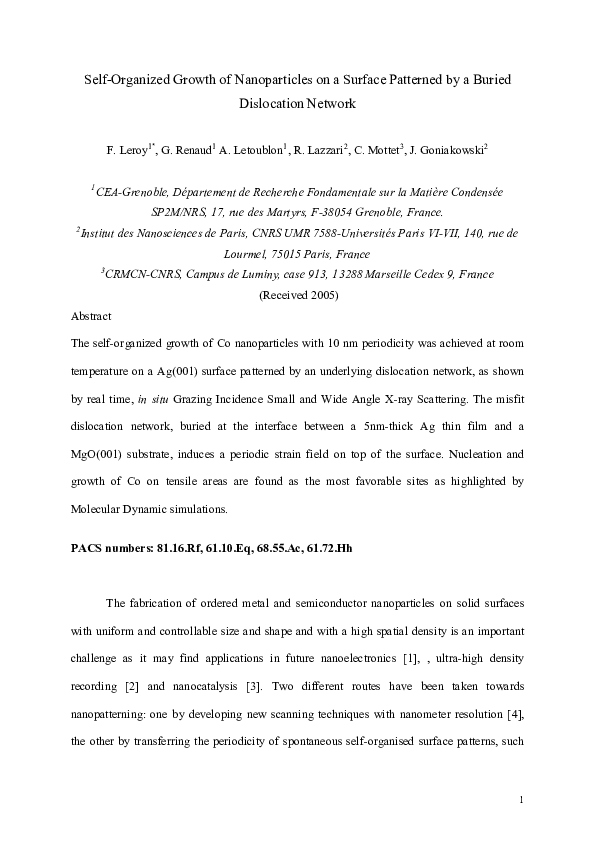(PDF) Self-Organized Growth of Nanoparticles on a Surface Patterned by a Buried Dislocation ...