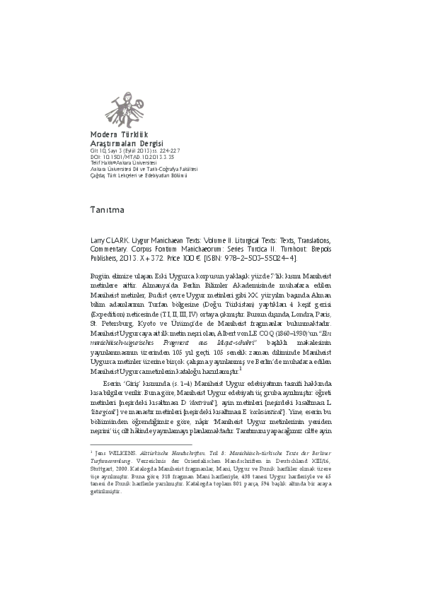 (PDF) Larry CLARK. Uygur Manichaean Texts: Volume II. Liturgical Texts ...