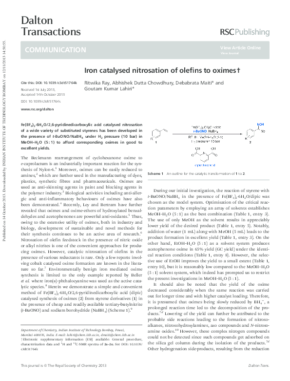 (PDF) Dalton Transactions Iron catalysed nitrosation of olefins to oximes