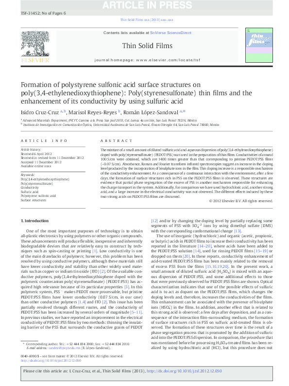 Formation of polystyrene sulfonic acid surface structures on poly(3,4 ...
