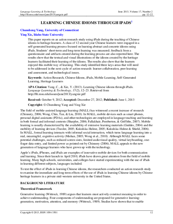 (PDF) Language Learning & Technology LEARNING CHINESE IDIOMS THROUGH ...