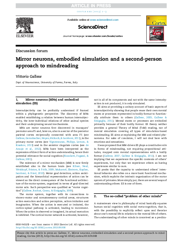 (PDF) Gallese V. (2013) Mirror neurons, embodied simulation and a ...