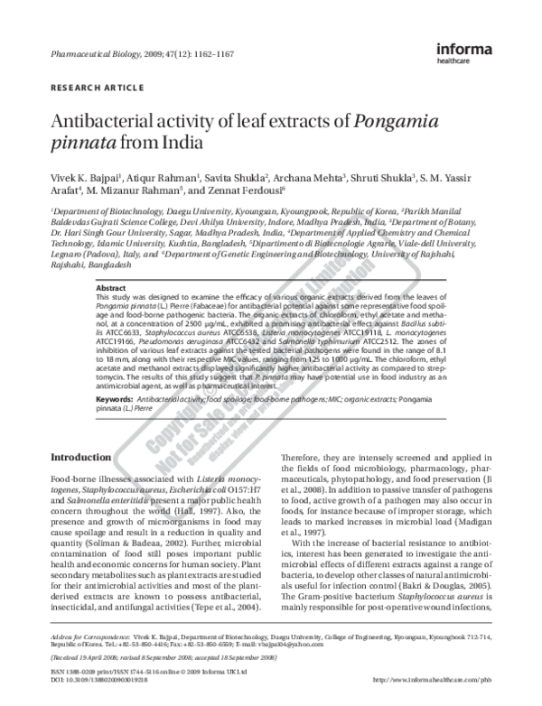 Antibacterial activity of leaf extracts of Pongamia pinnata from India