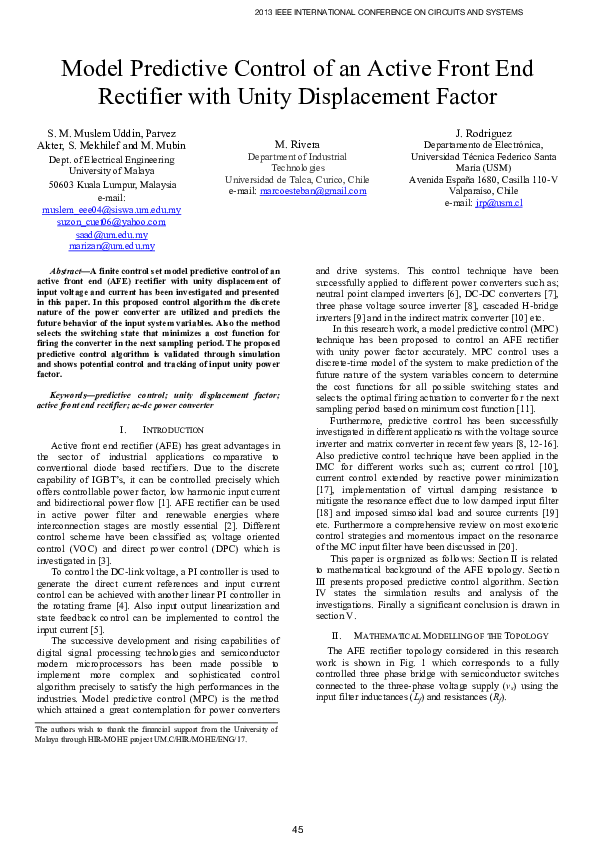 Pdf Model Predictive Control Of An Active Front End Rectifier With Unity Displacement Factor