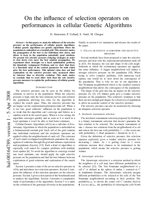 (PDF) On the Influence of Selection Operators on Performances in Cellular Genetic Algorithms