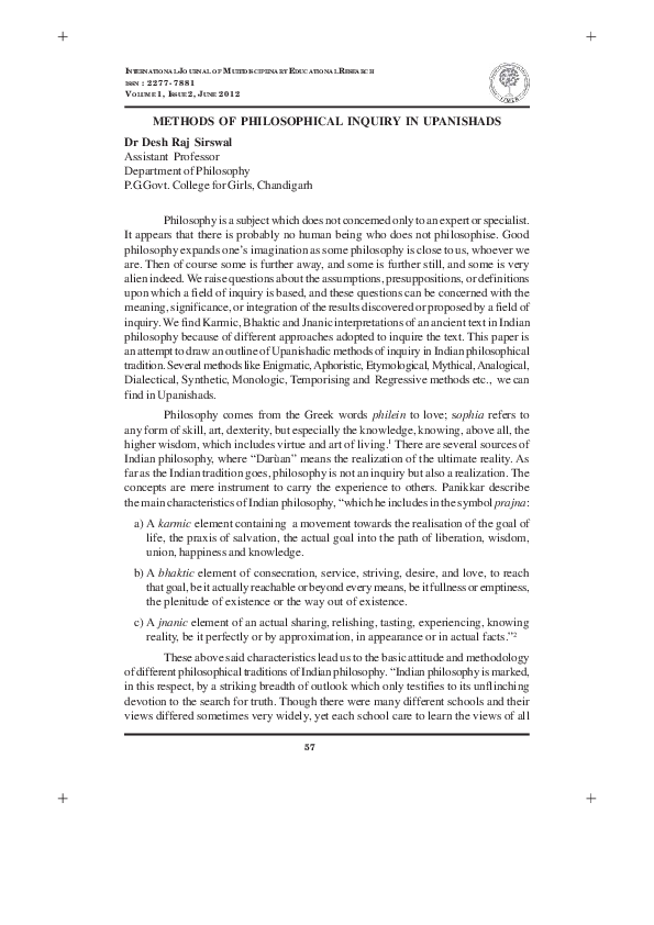 Pdf Methods Of Philosophical Inquiry In Upanishads
