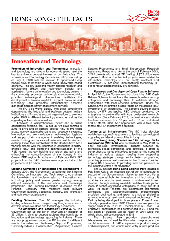 (PDF) HONG KONG : THE FACTS Innovation and Technology