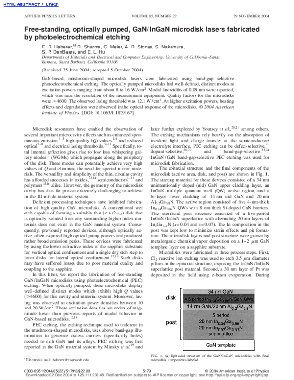 (PDF) Free-standing, optically pumped, GaN/InGaN microdisk lasers fabricated by ...