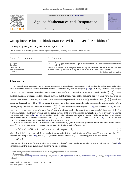 (PDF) Group inverse for the block matrices with an invertible subblock