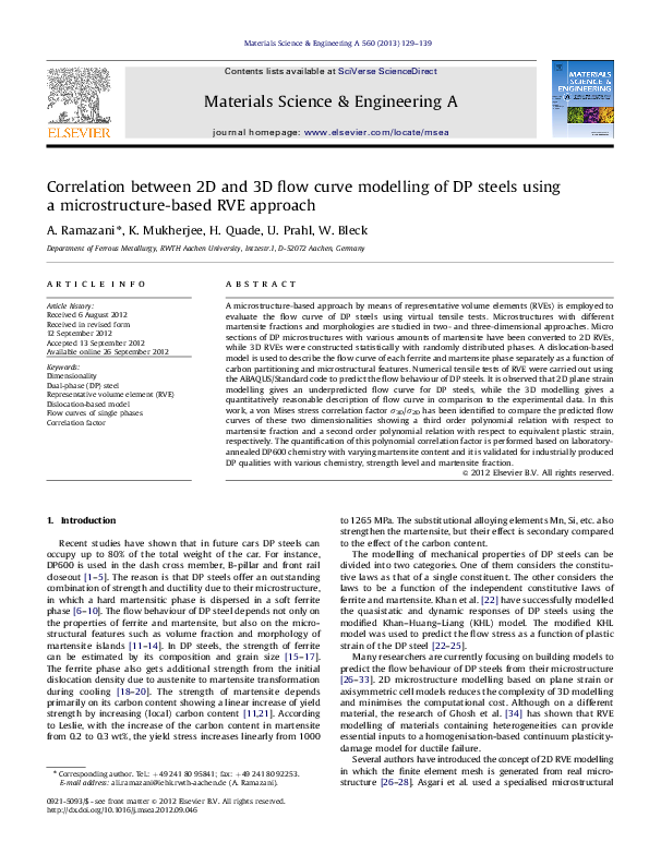(PDF) Correlation between 2D and 3D flow curve modelling of DP steels using a microstructure ...