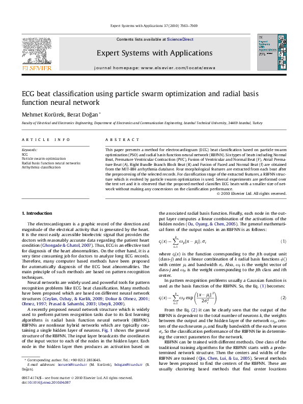 Ecg Beat Classification Using Particle Swarm Optimization And Radial